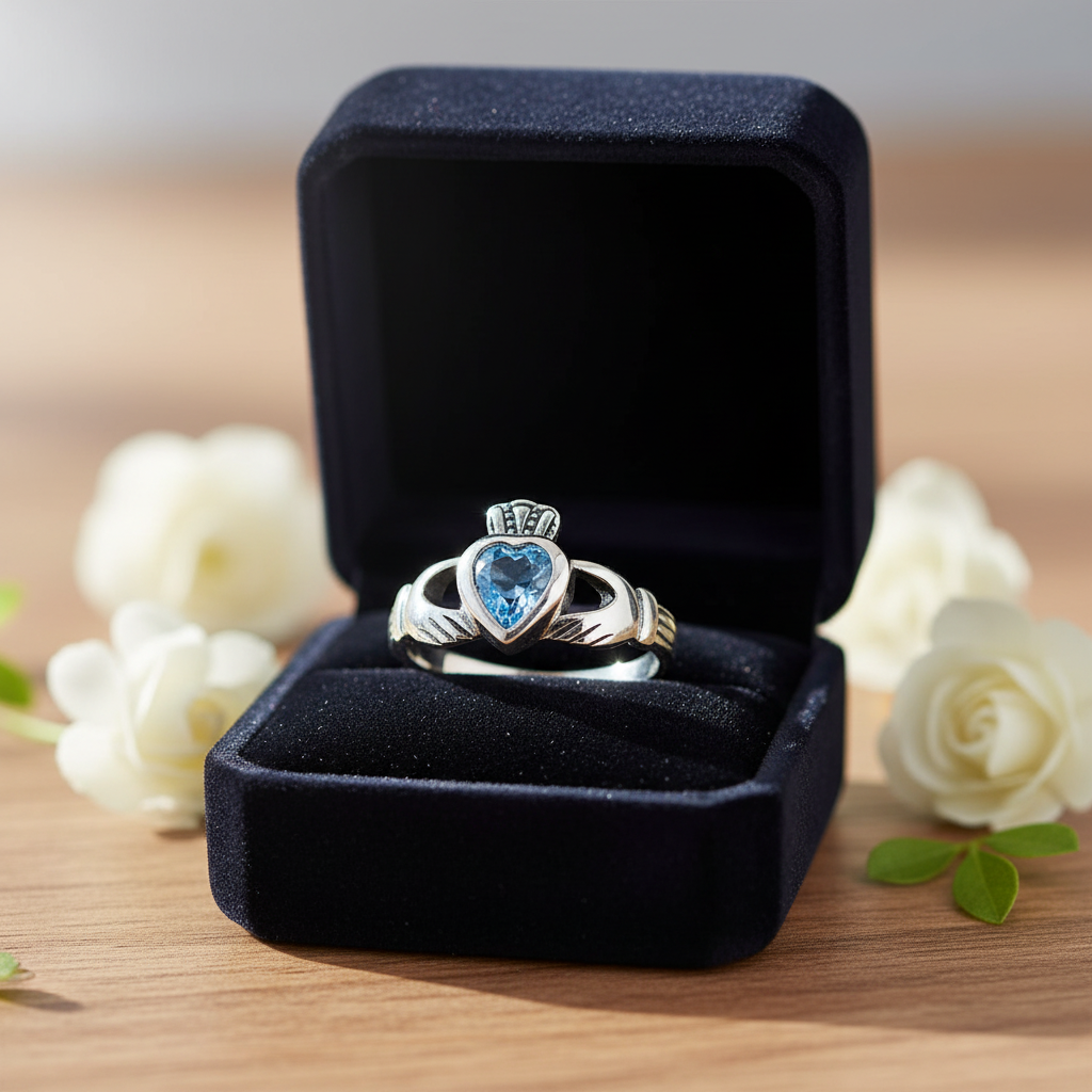 gold plated claddagh ring aqua marine stone for march – Killarney ...