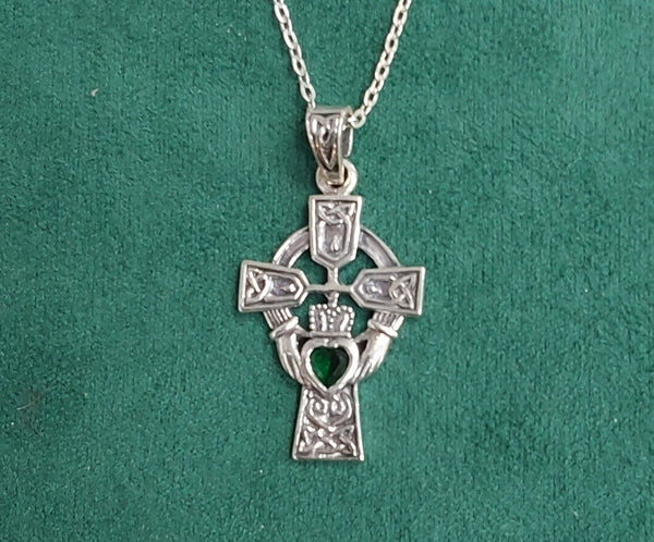 Celtic Cross with emerald and Claddagh – Killarney Celtic Jewelry